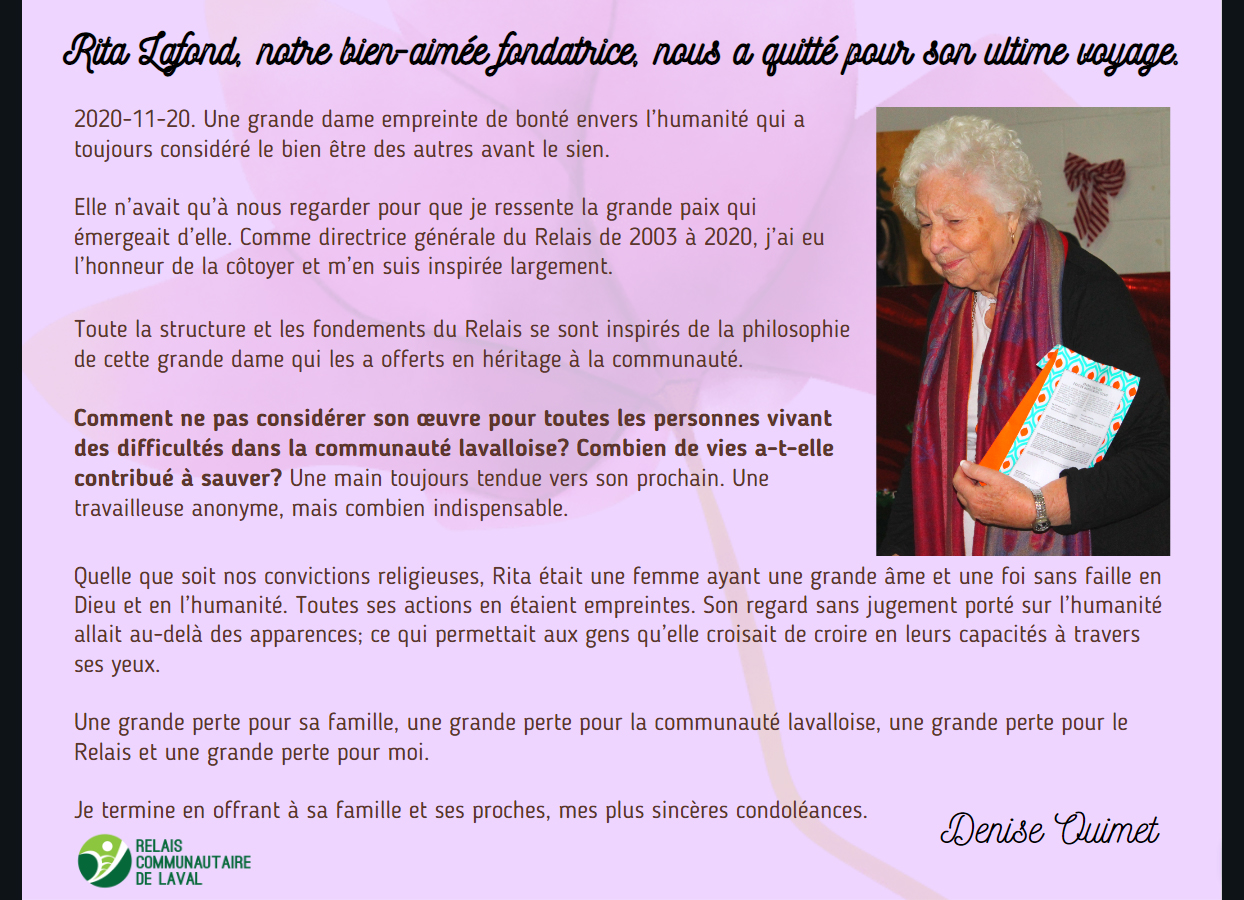 Hommage à Mme Rita Lafond – Relais Communautaire de Laval